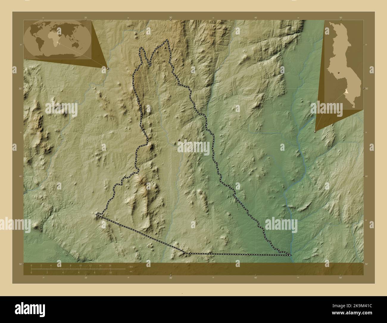 Mwanza, district of Malawi. Colored elevation map with lakes and rivers ...