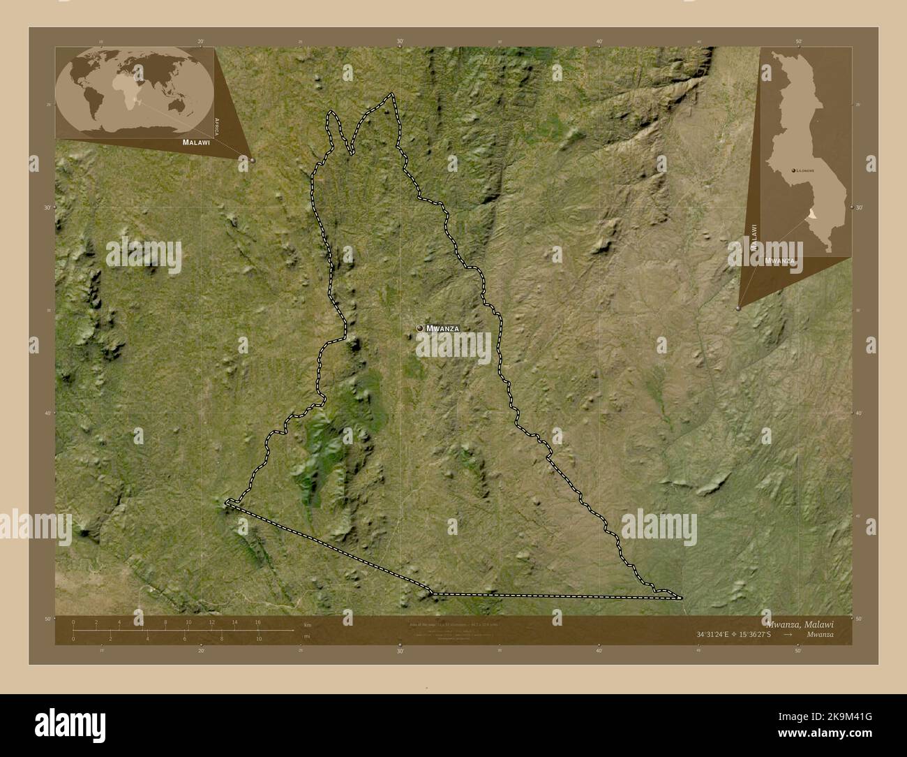 Mwanza, district of Malawi. Low resolution satellite map. Locations and ...