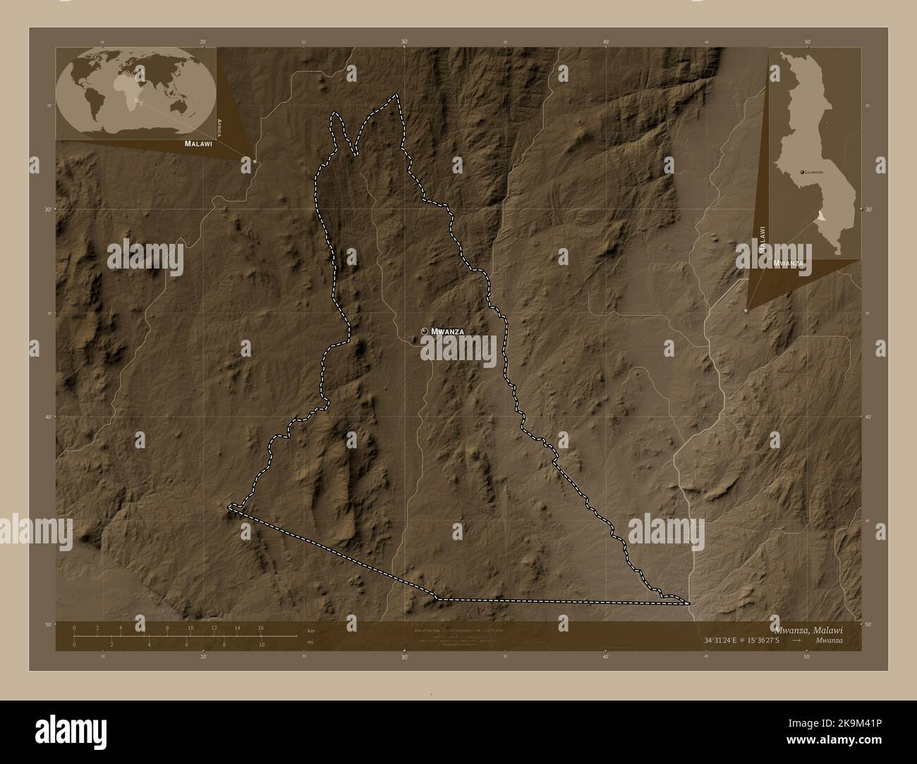Mwanza, district of Malawi. Elevation map colored in sepia tones with ...