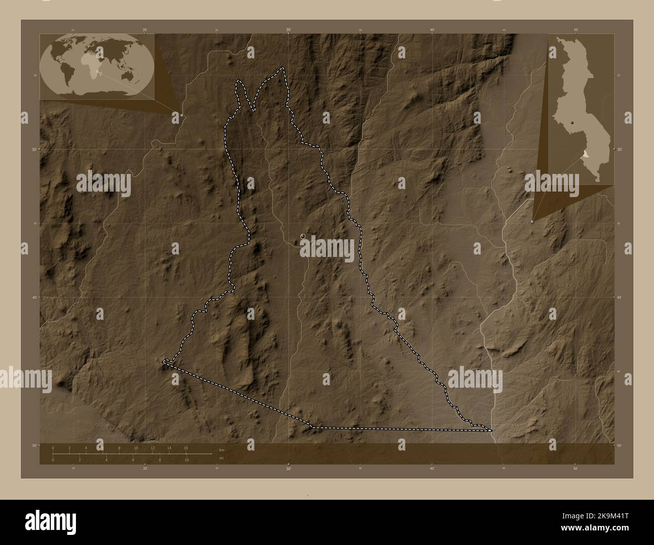 Mwanza, district of Malawi. Elevation map colored in sepia tones with ...
