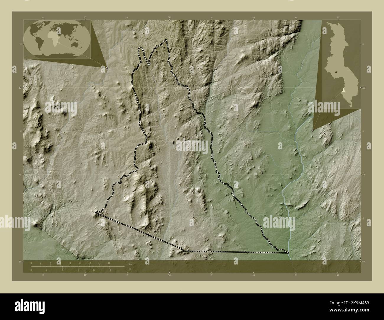 Mwanza, district of Malawi. Elevation map colored in wiki style with ...