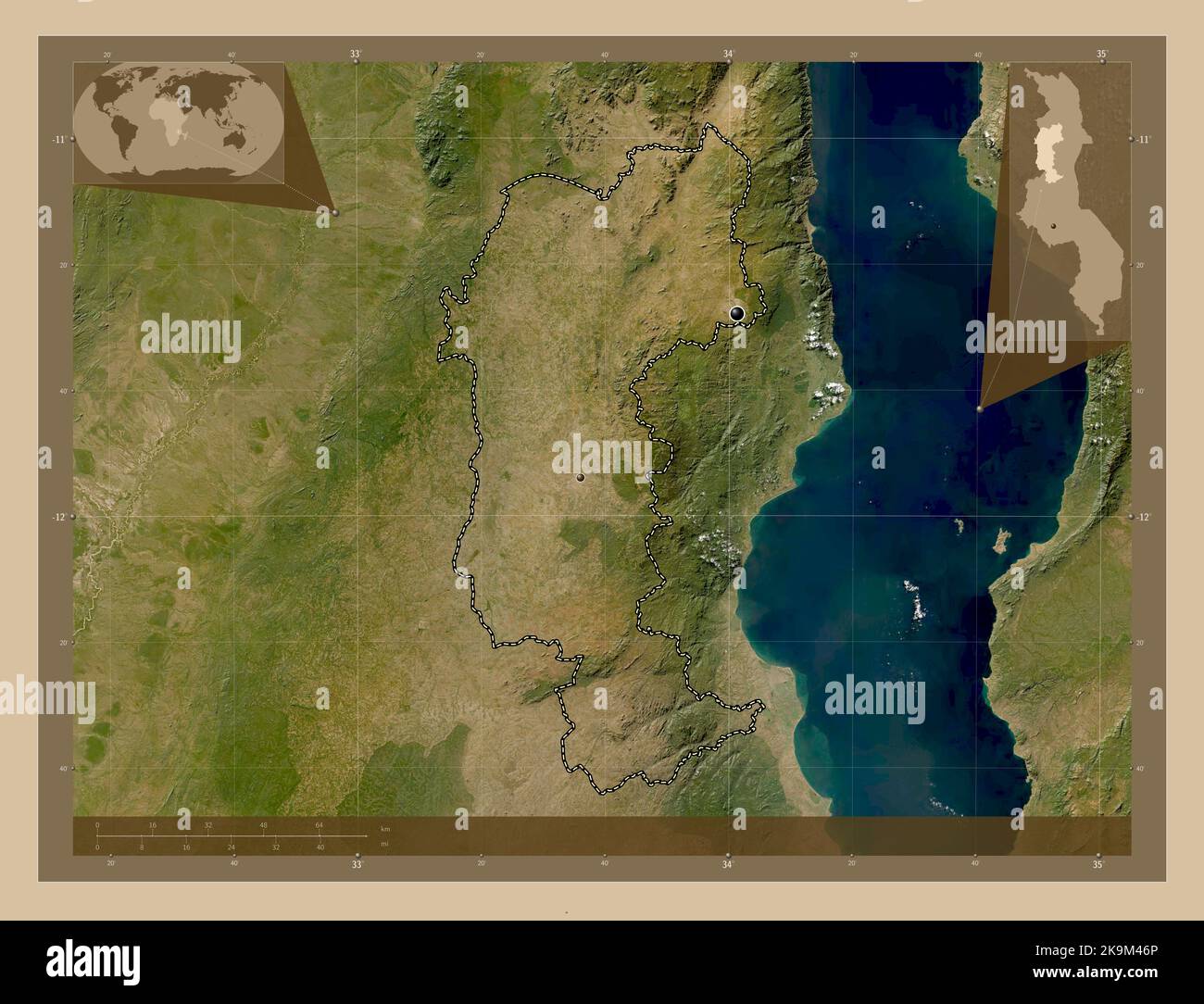 Mzimba, district of Malawi. Low resolution satellite map. Locations of ...