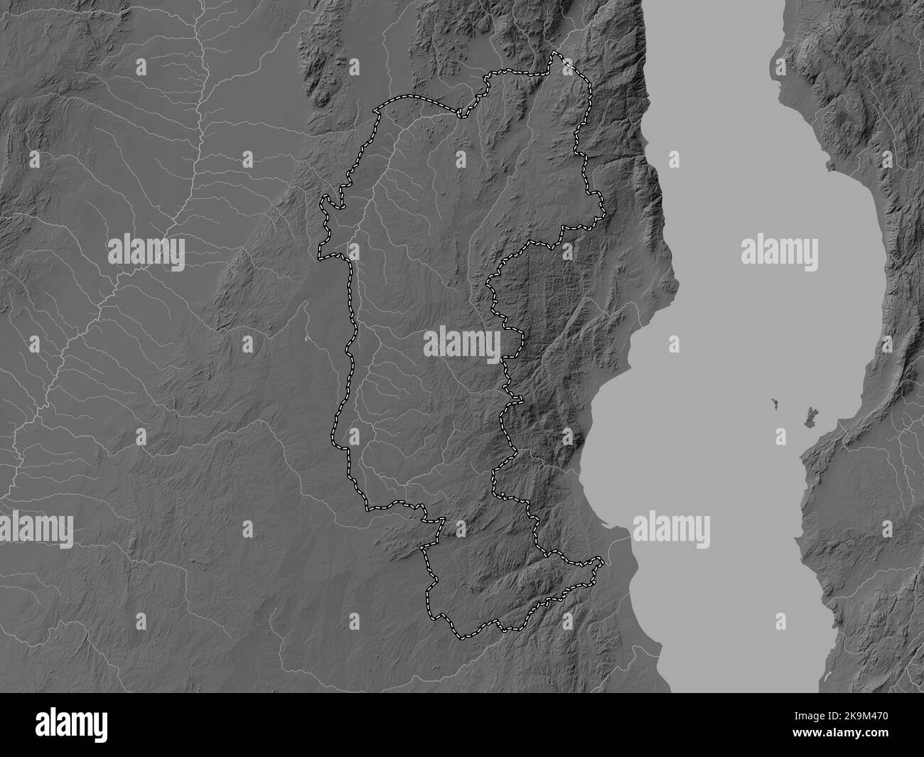 Mzimba, district of Malawi. Grayscale elevation map with lakes and ...
