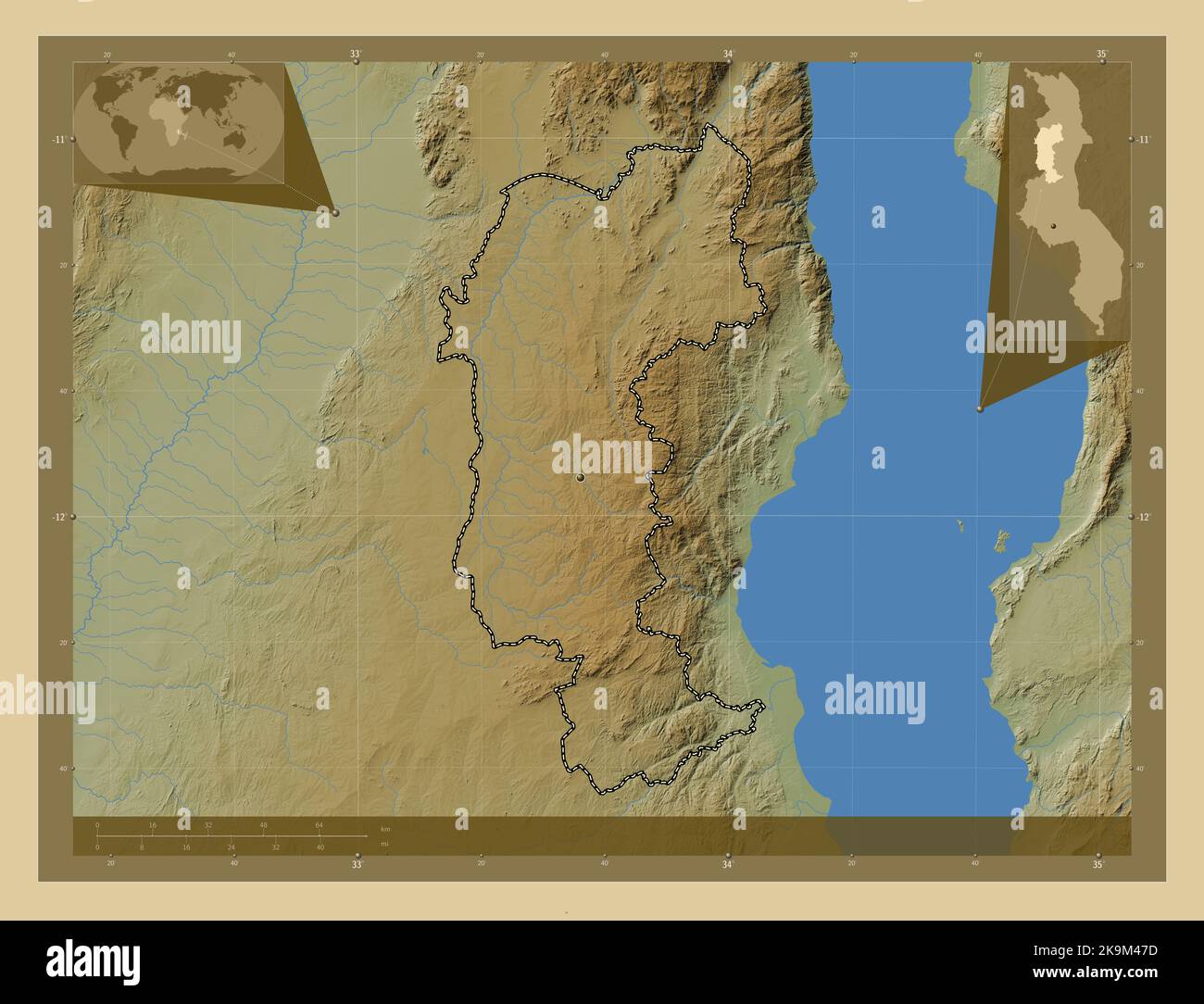 Mzimba, district of Malawi. Colored elevation map with lakes and rivers. Corner auxiliary ...