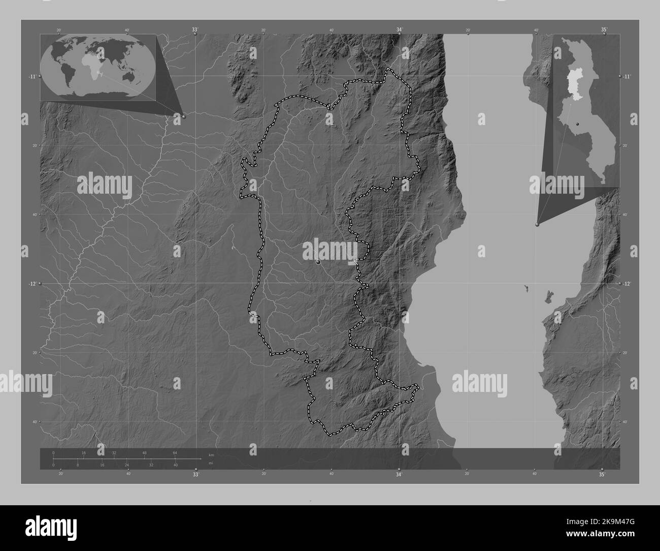 Mzimba, district of Malawi. Grayscale elevation map with lakes and ...