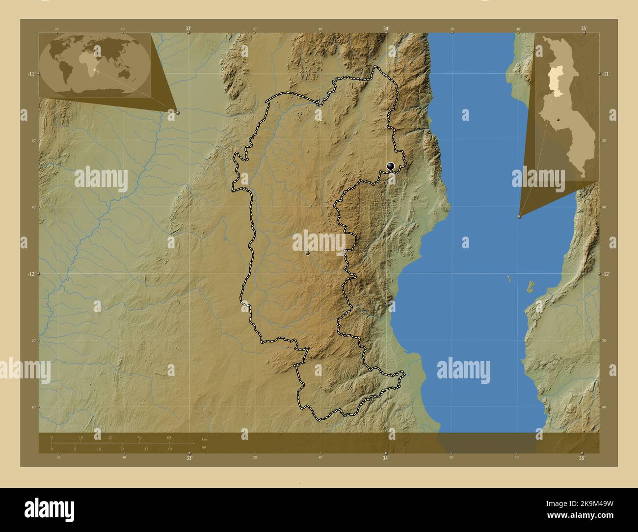 Mzimba, district of Malawi. Colored elevation map with lakes and rivers ...