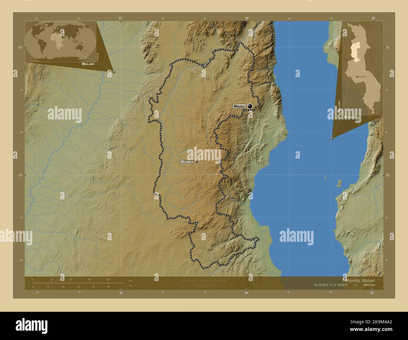 Mzimba, district of Malawi. Colored elevation map with lakes and rivers ...