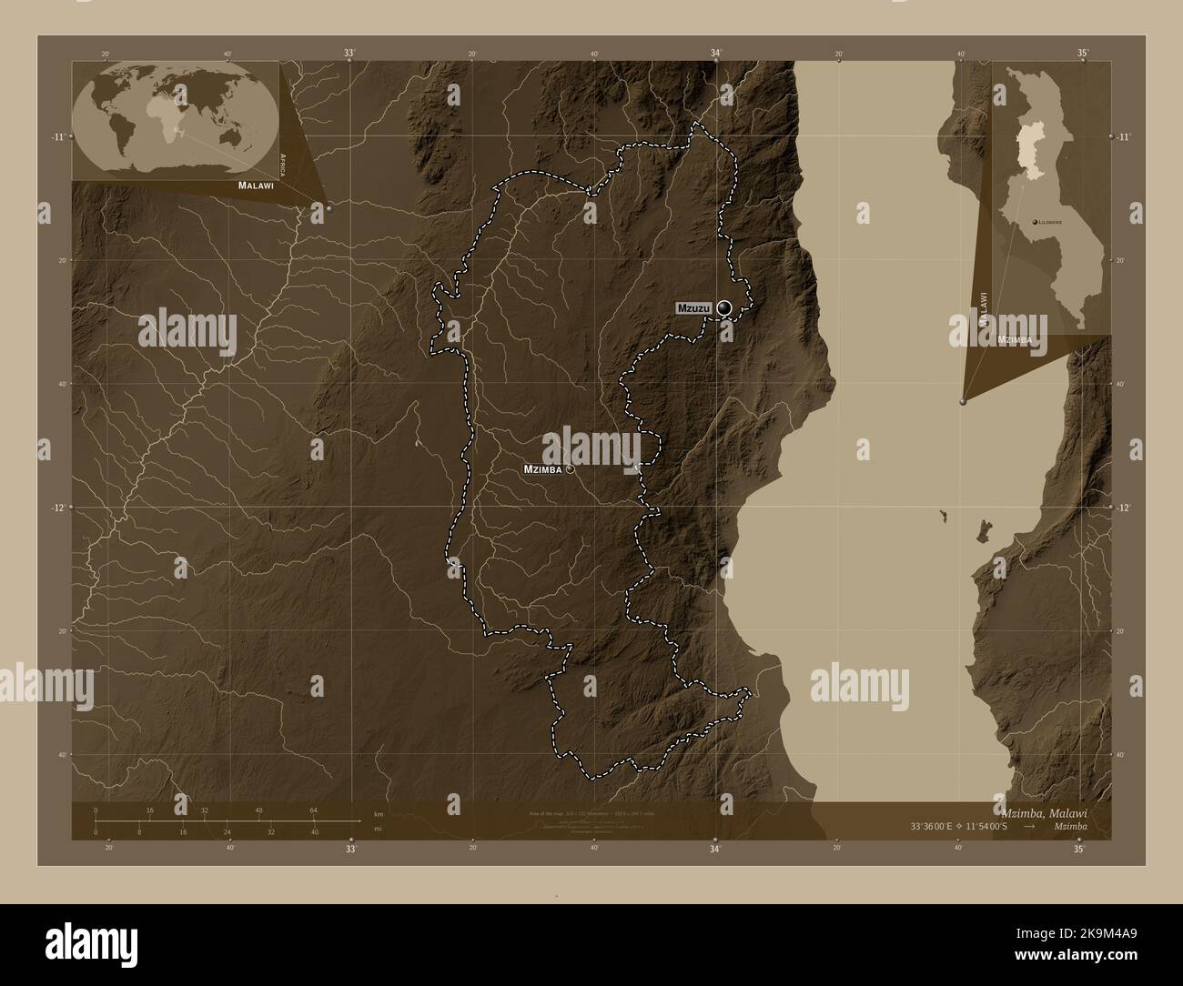 Mzimba, district of Malawi. Elevation map colored in sepia tones with ...