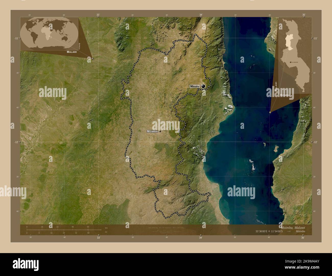 Mzimba, district of Malawi. Low resolution satellite map. Locations and ...