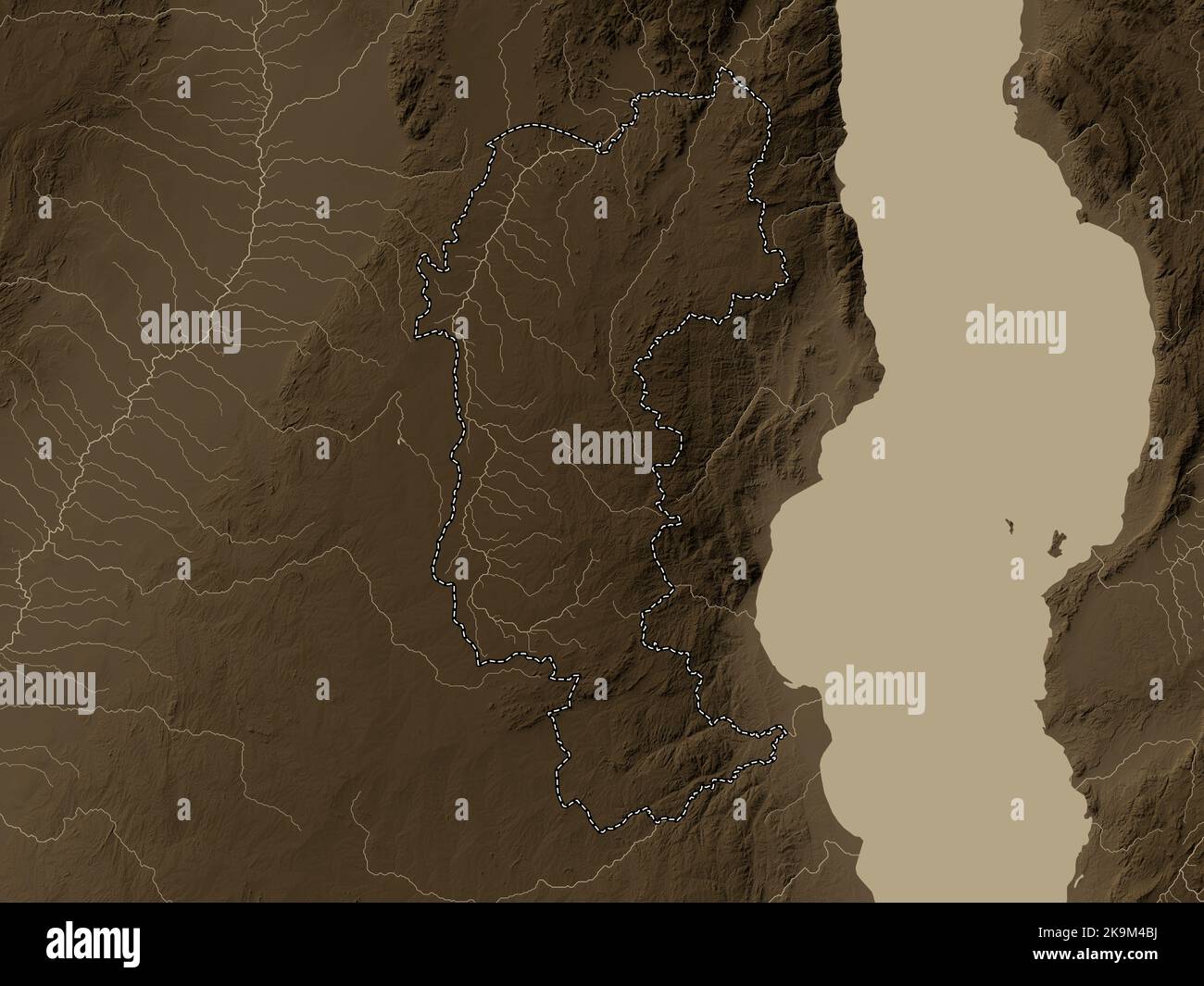 Mzimba, district of Malawi. Elevation map colored in sepia tones with ...