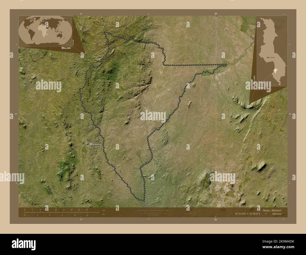 Neno, district of Malawi. Low resolution satellite map. Locations and ...