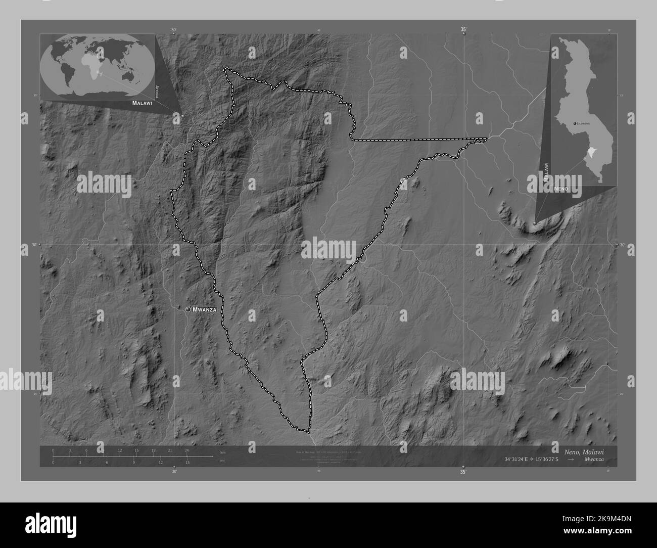 Neno, district of Malawi. Grayscale elevation map with lakes and rivers ...