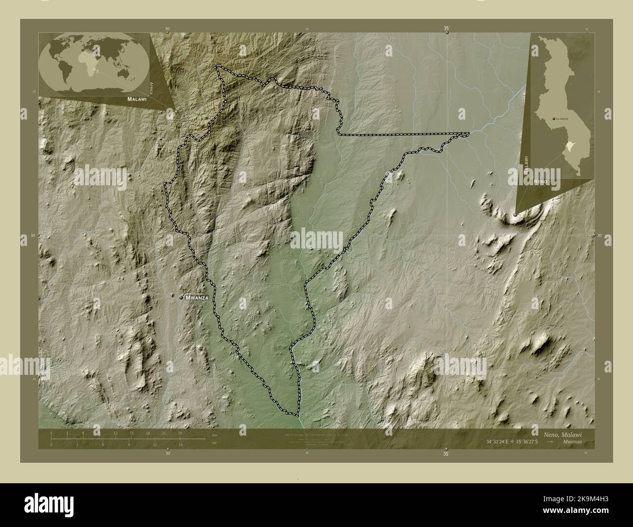 Neno, district of Malawi. Elevation map colored in wiki style with ...