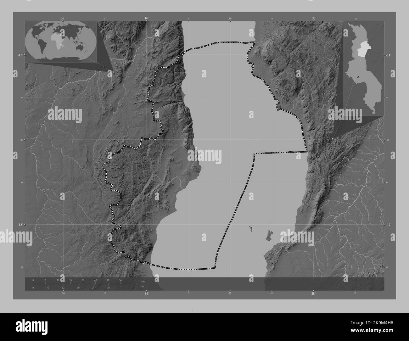 Nkhata Bay, district of Malawi. Grayscale elevation map with lakes and ...