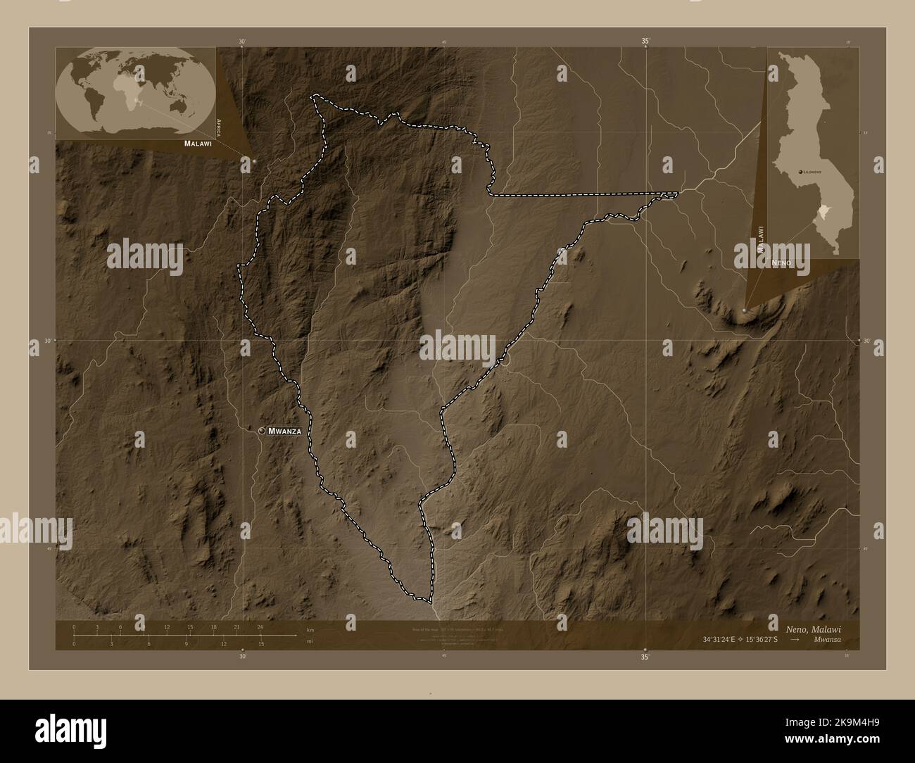 Neno, district of Malawi. Elevation map colored in sepia tones with ...
