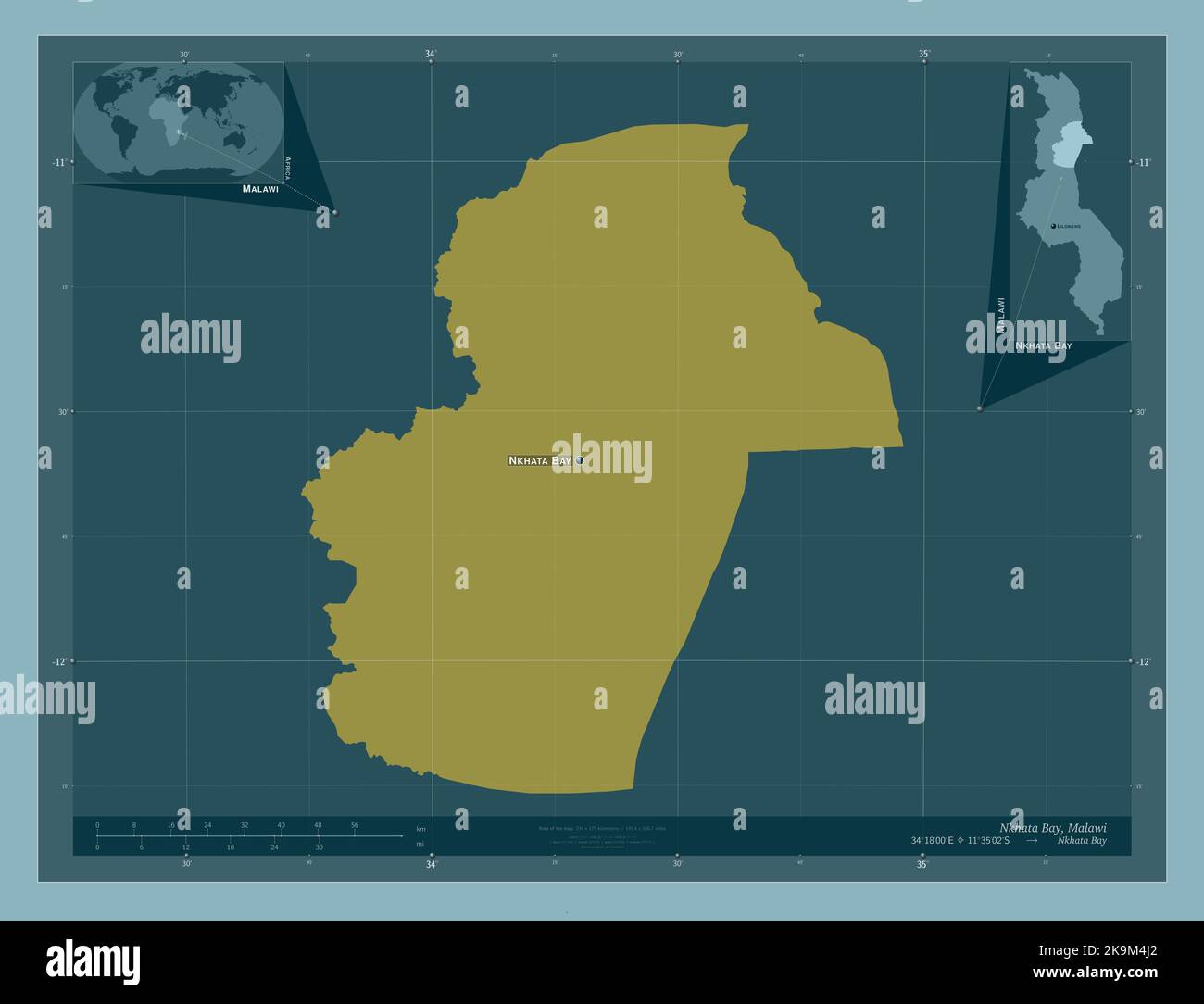 Nkhata Bay, district of Malawi. Solid color shape. Locations and names ...