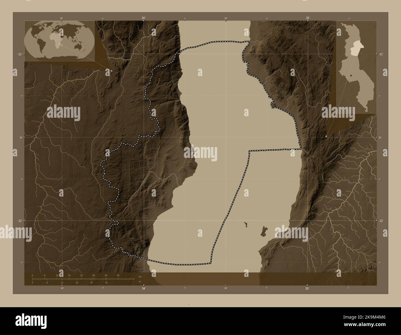 Nkhata Bay, district of Malawi. Elevation map colored in sepia tones ...