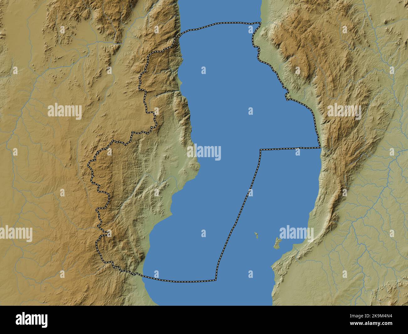 Nkhata Bay, district of Malawi. Colored elevation map with lakes and ...