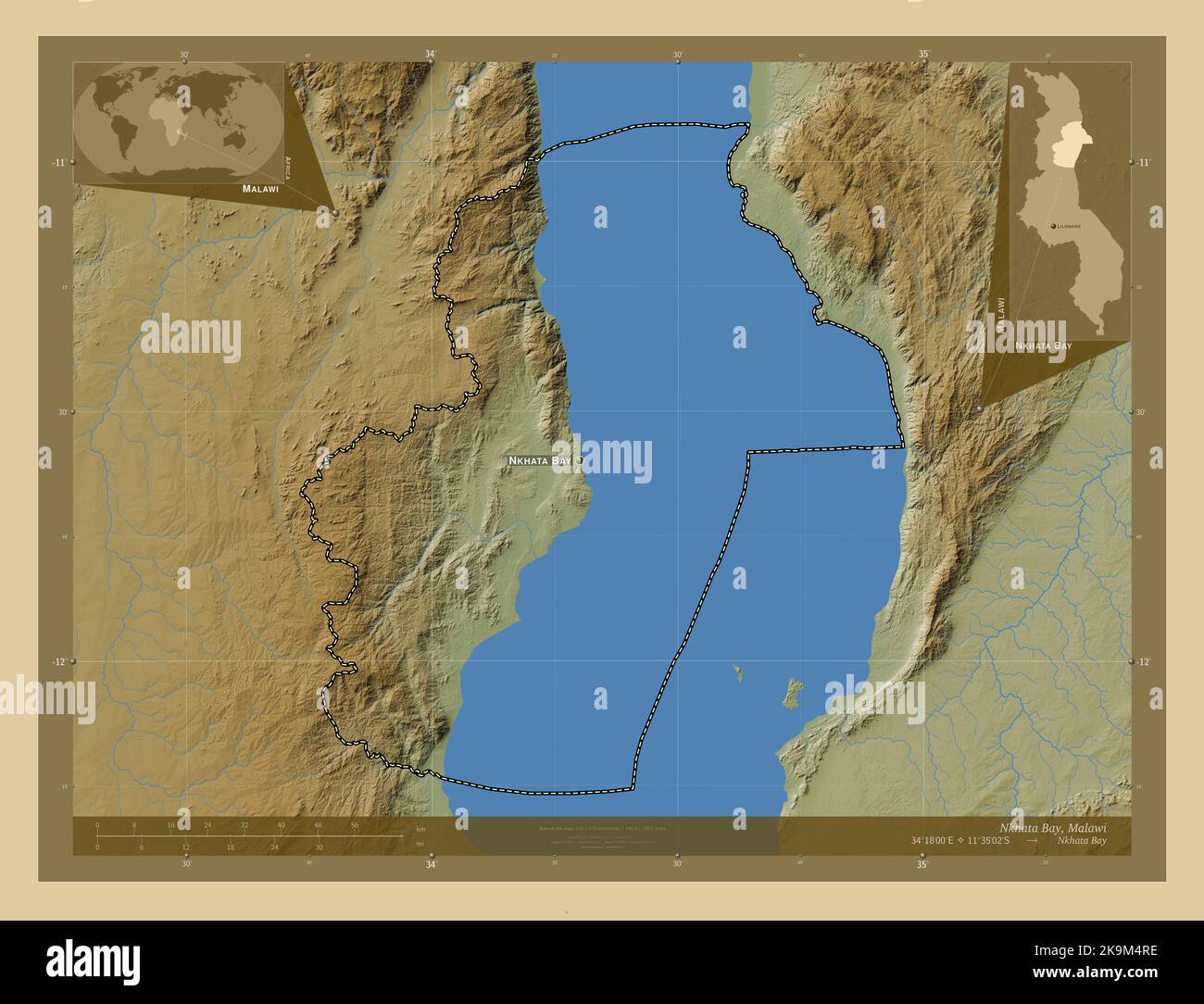 Nkhata Bay, district of Malawi. Colored elevation map with lakes and ...