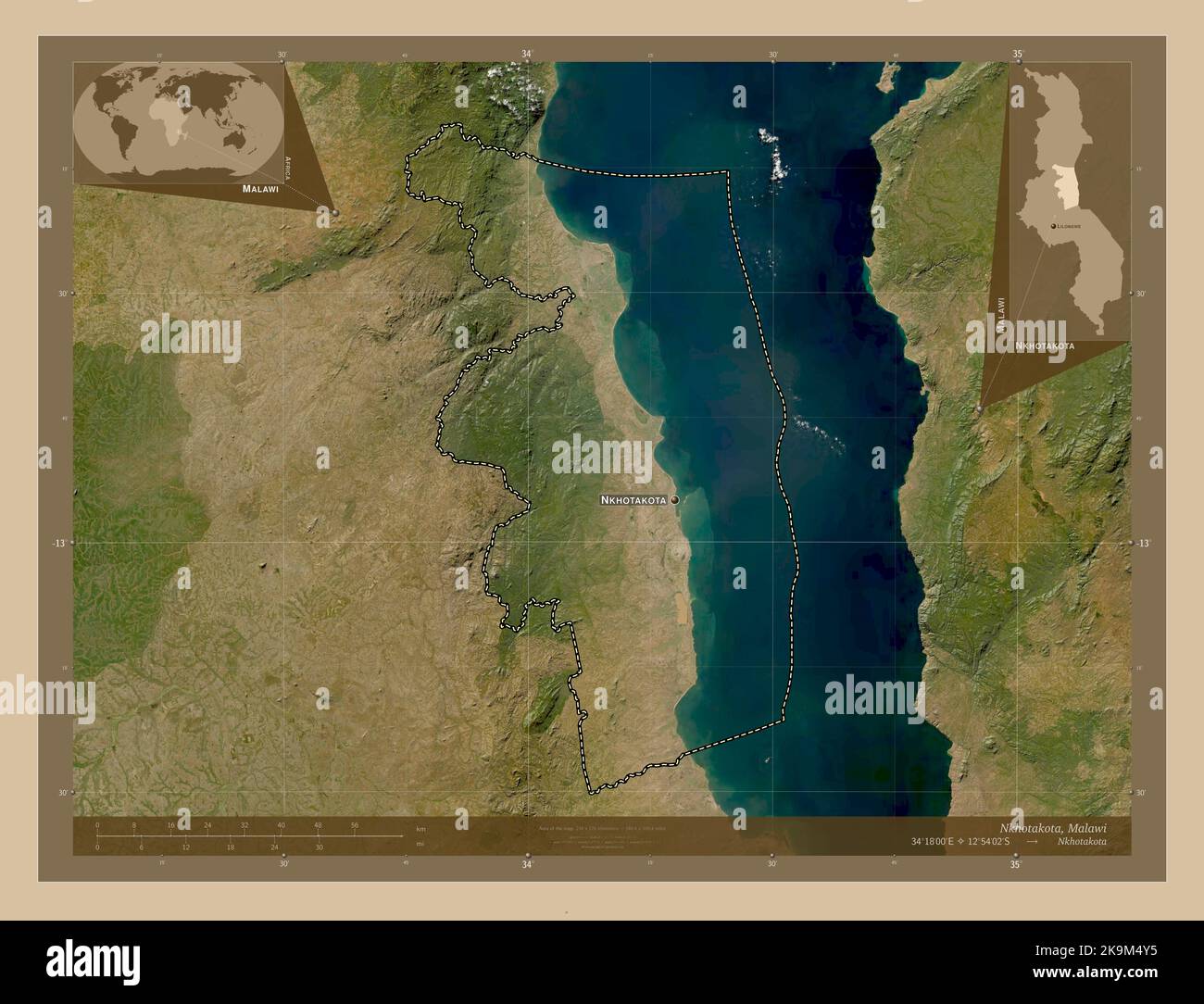 Nkhotakota, district of Malawi. Low resolution satellite map. Locations ...