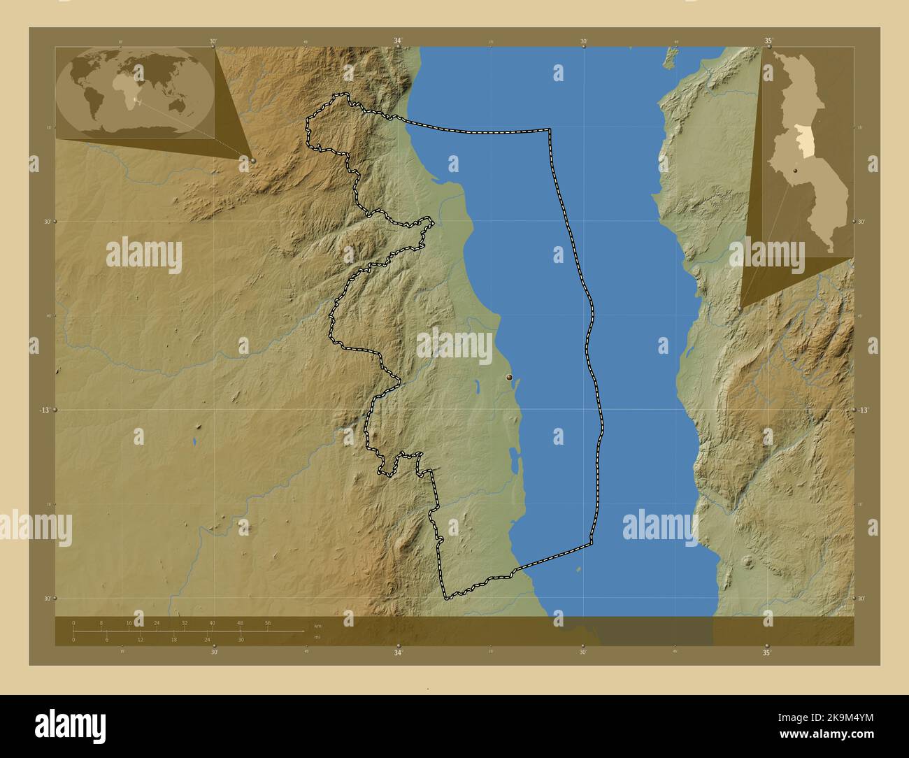 Nkhotakota, district of Malawi. Colored elevation map with lakes and ...