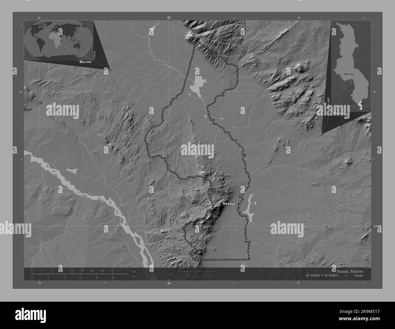 Nsanje, district of Malawi. Bilevel elevation map with lakes and rivers ...