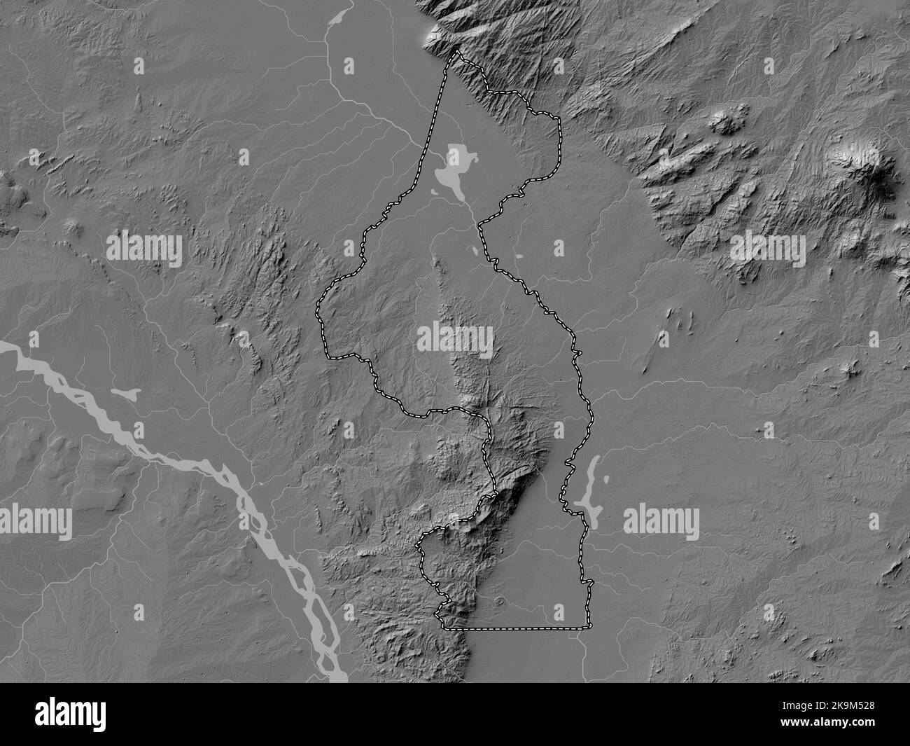 Nsanje, district of Malawi. Bilevel elevation map with lakes and rivers ...