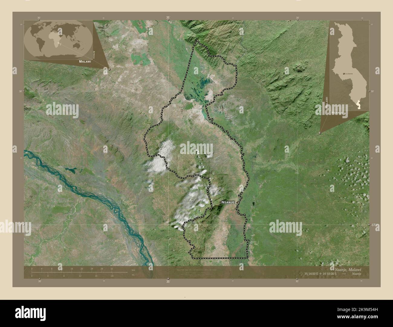 Nsanje, district of Malawi. High resolution satellite map. Locations ...