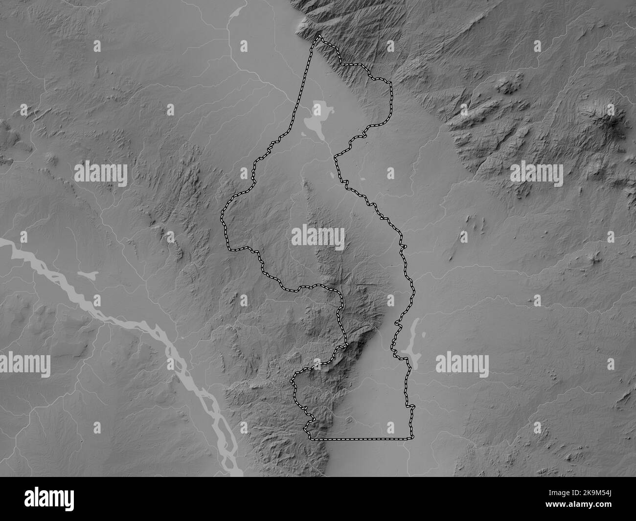 Nsanje, district of Malawi. Grayscale elevation map with lakes and ...