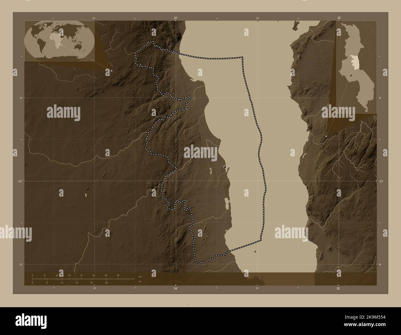 Nkhotakota, district of Malawi. Elevation map colored in sepia tones ...