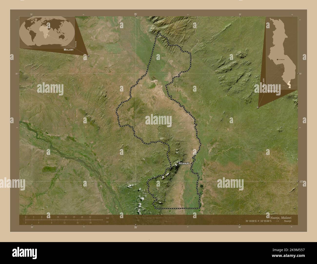 Nsanje, district of Malawi. Low resolution satellite map. Locations and ...