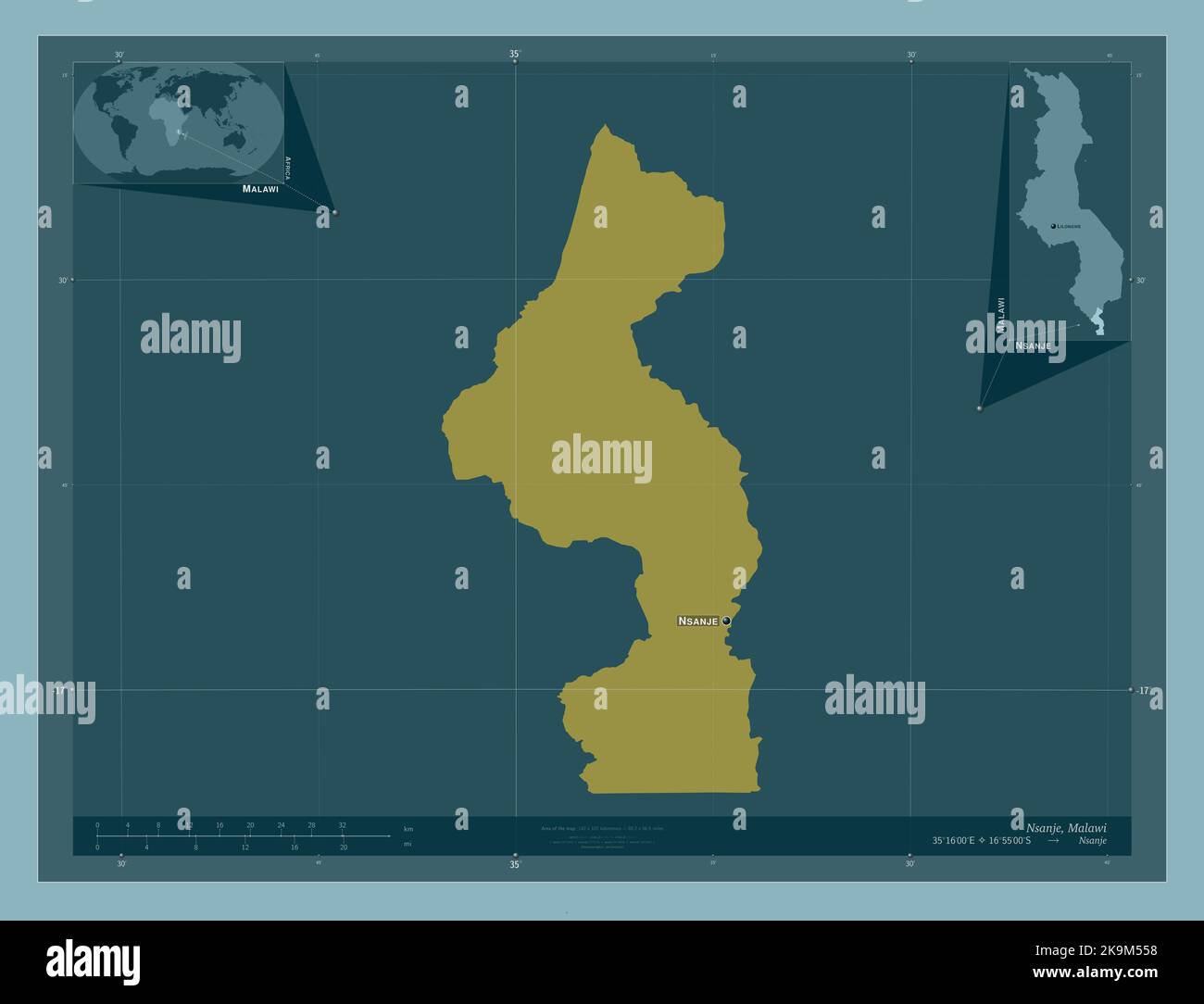 Nsanje, district of Malawi. Solid color shape. Locations and names of ...