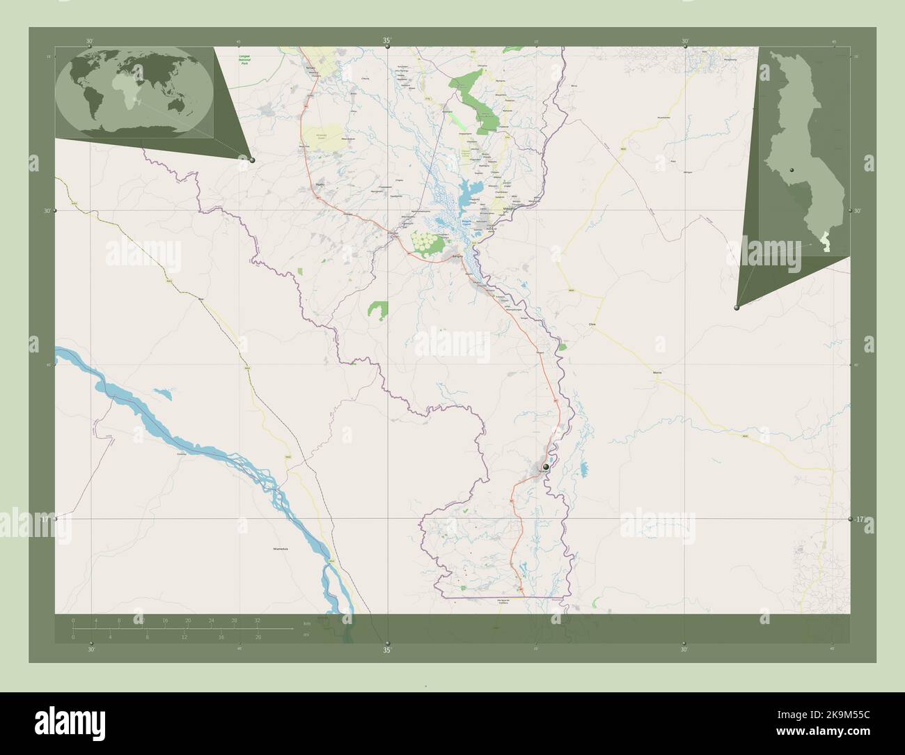 Nsanje, district of Malawi. Open Street Map. Locations of major cities ...