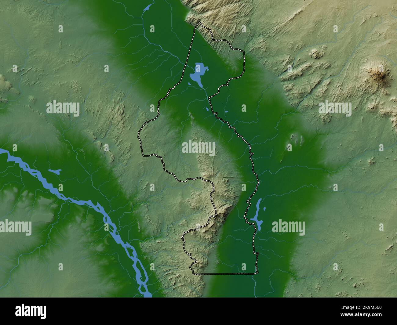 Nsanje, district of Malawi. Colored elevation map with lakes and rivers ...