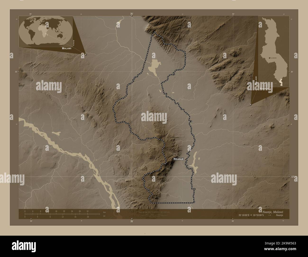 Nsanje, district of Malawi. Elevation map colored in sepia tones with ...