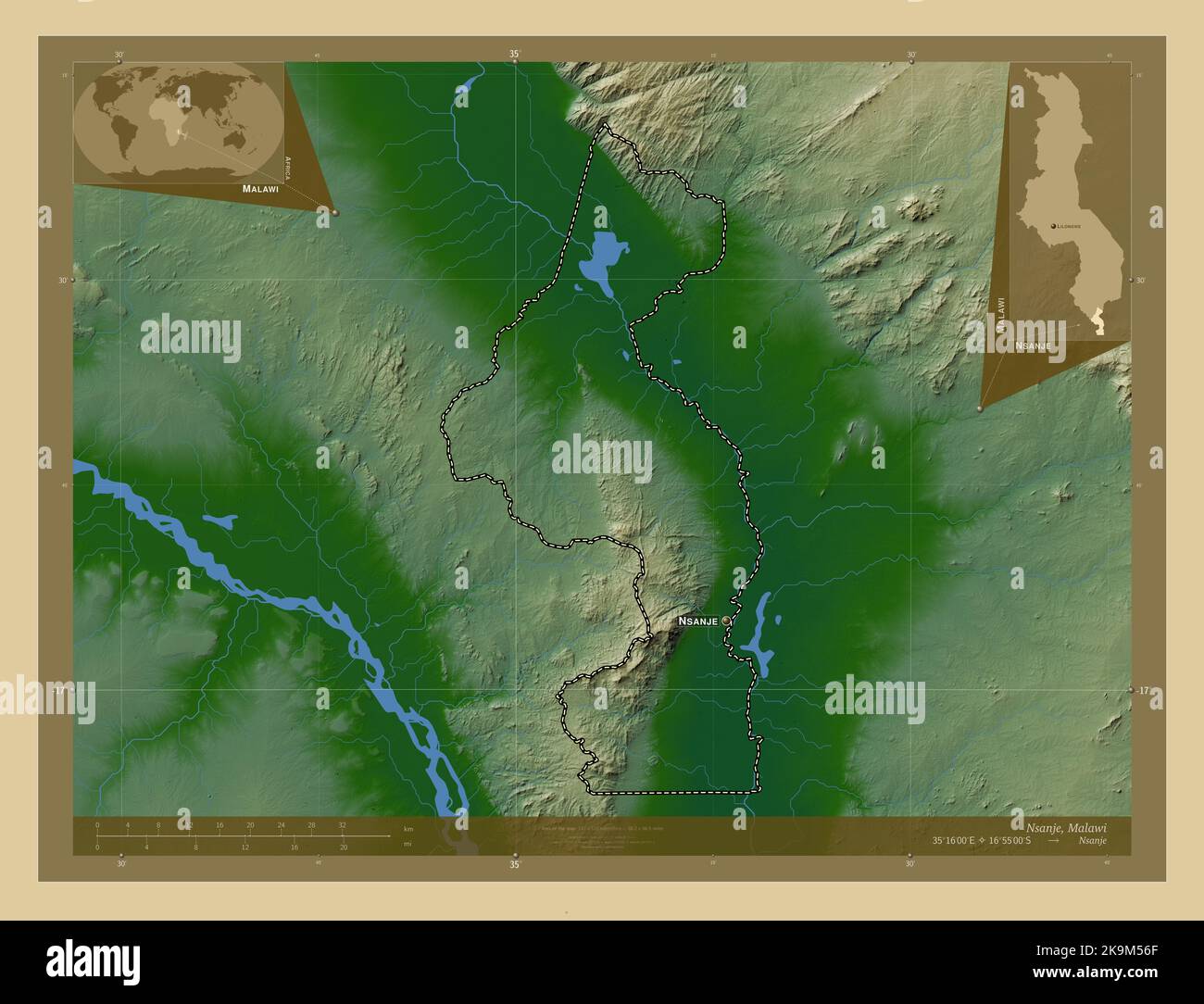 Nsanje, district of Malawi. Colored elevation map with lakes and rivers ...