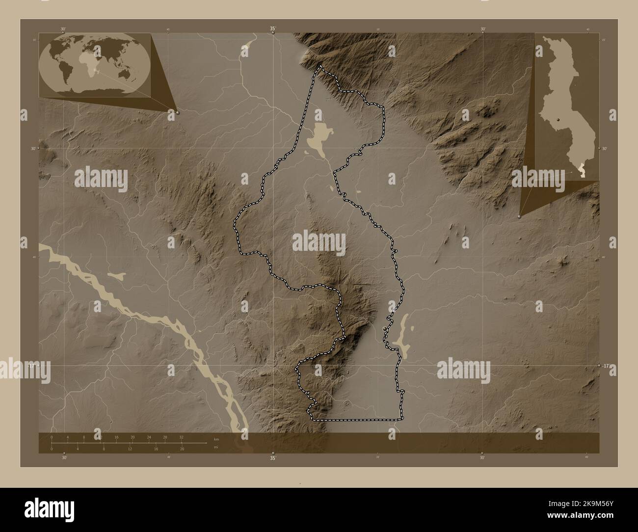 Nsanje, district of Malawi. Elevation map colored in sepia tones with ...