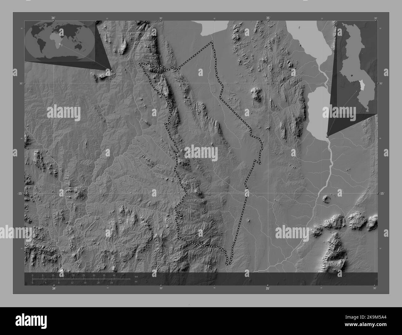 Ntcheu, district of Malawi. Bilevel elevation map with lakes and rivers ...