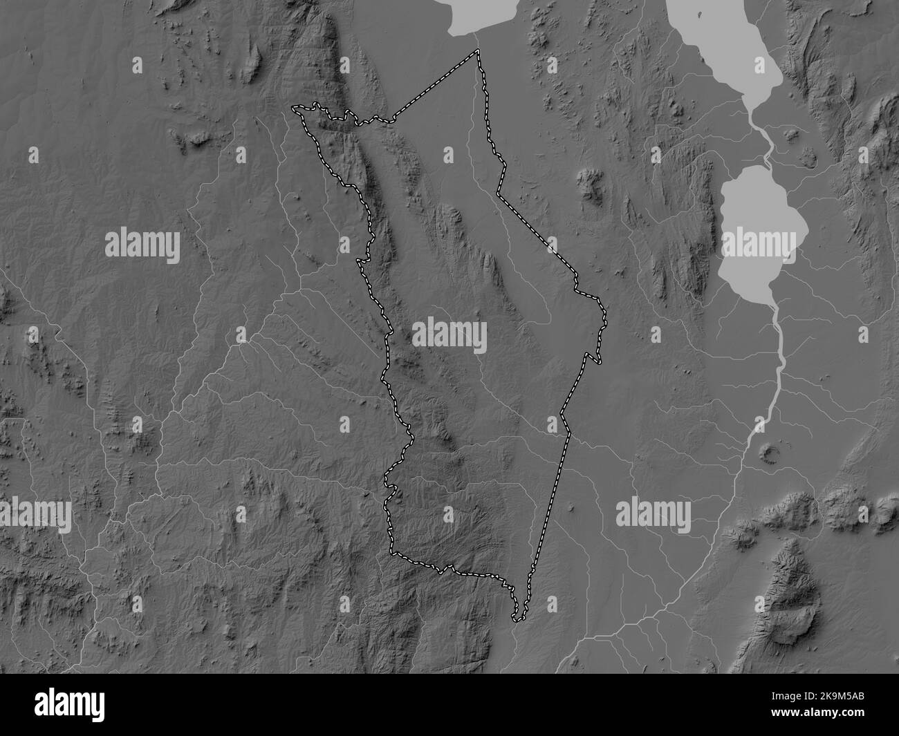 Ntcheu, district of Malawi. Grayscale elevation map with lakes and ...