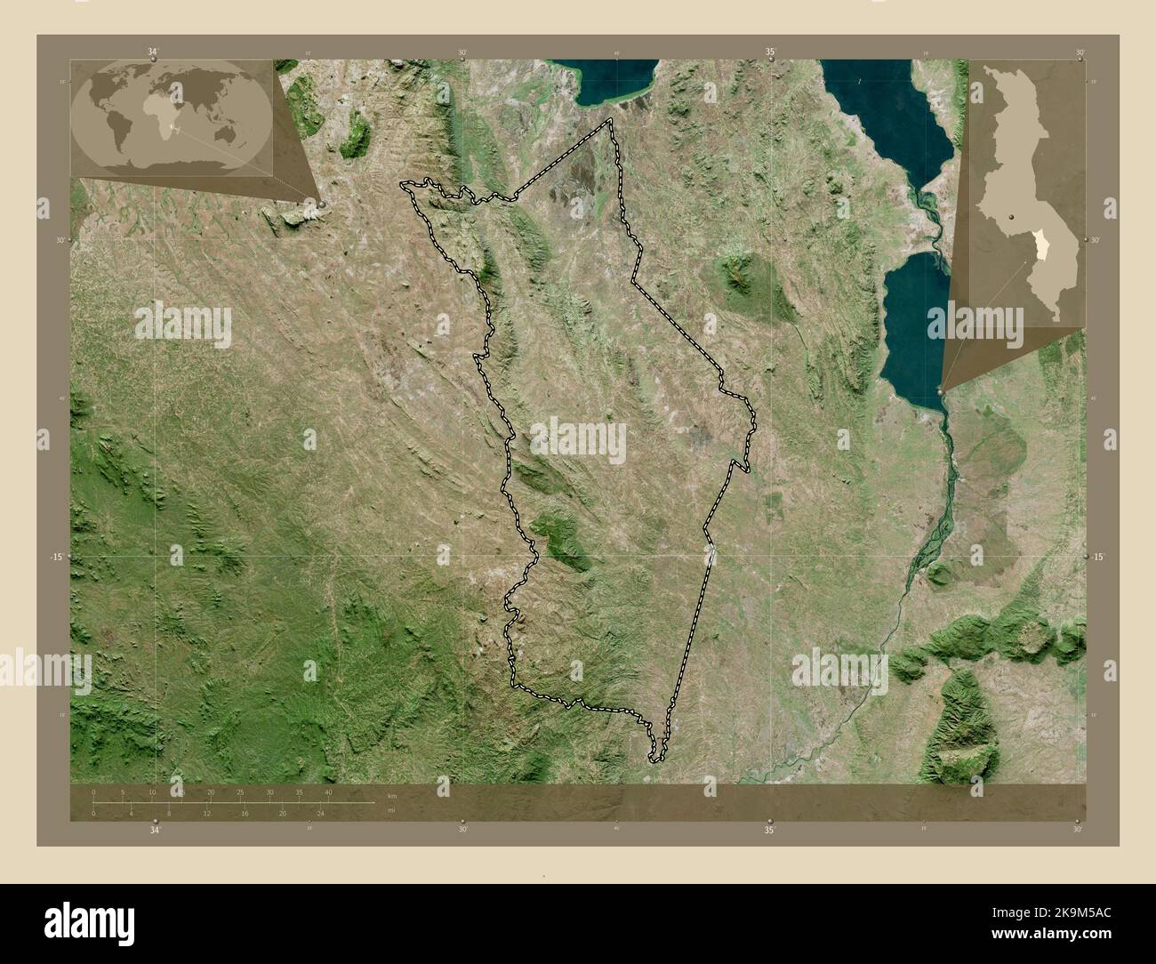 Ntcheu, district of Malawi. High resolution satellite map. Corner ...