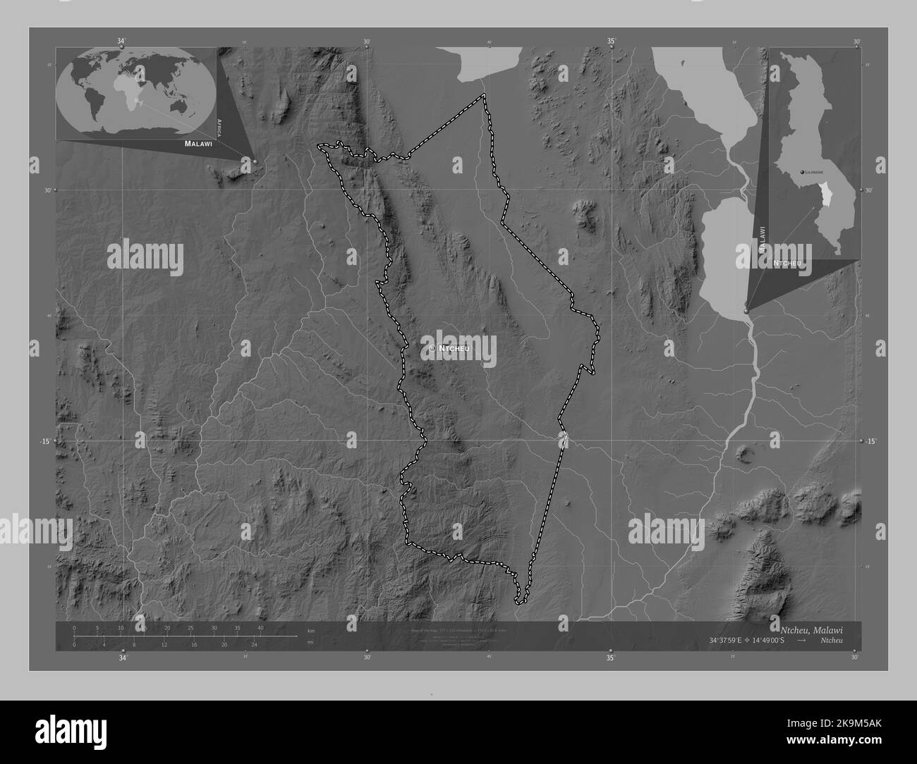 Ntcheu, district of Malawi. Grayscale elevation map with lakes and ...