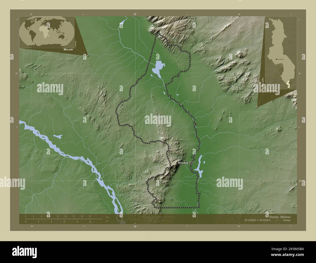 Nsanje, district of Malawi. Elevation map colored in wiki style with lakes and rivers. Locations ...