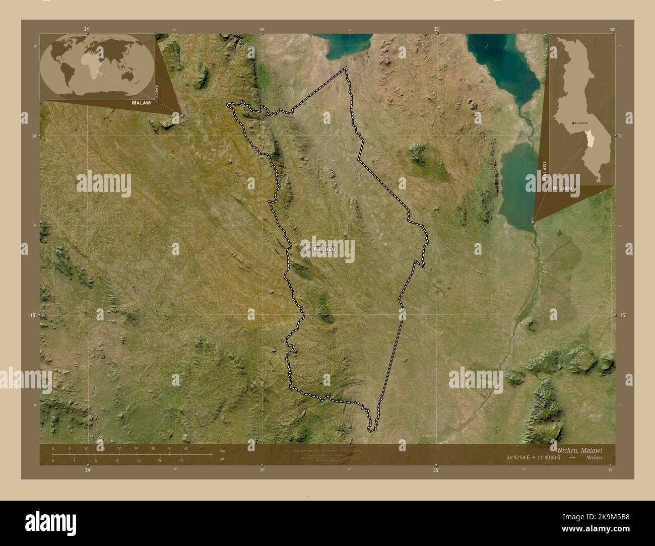 Ntcheu, district of Malawi. Low resolution satellite map. Locations and ...