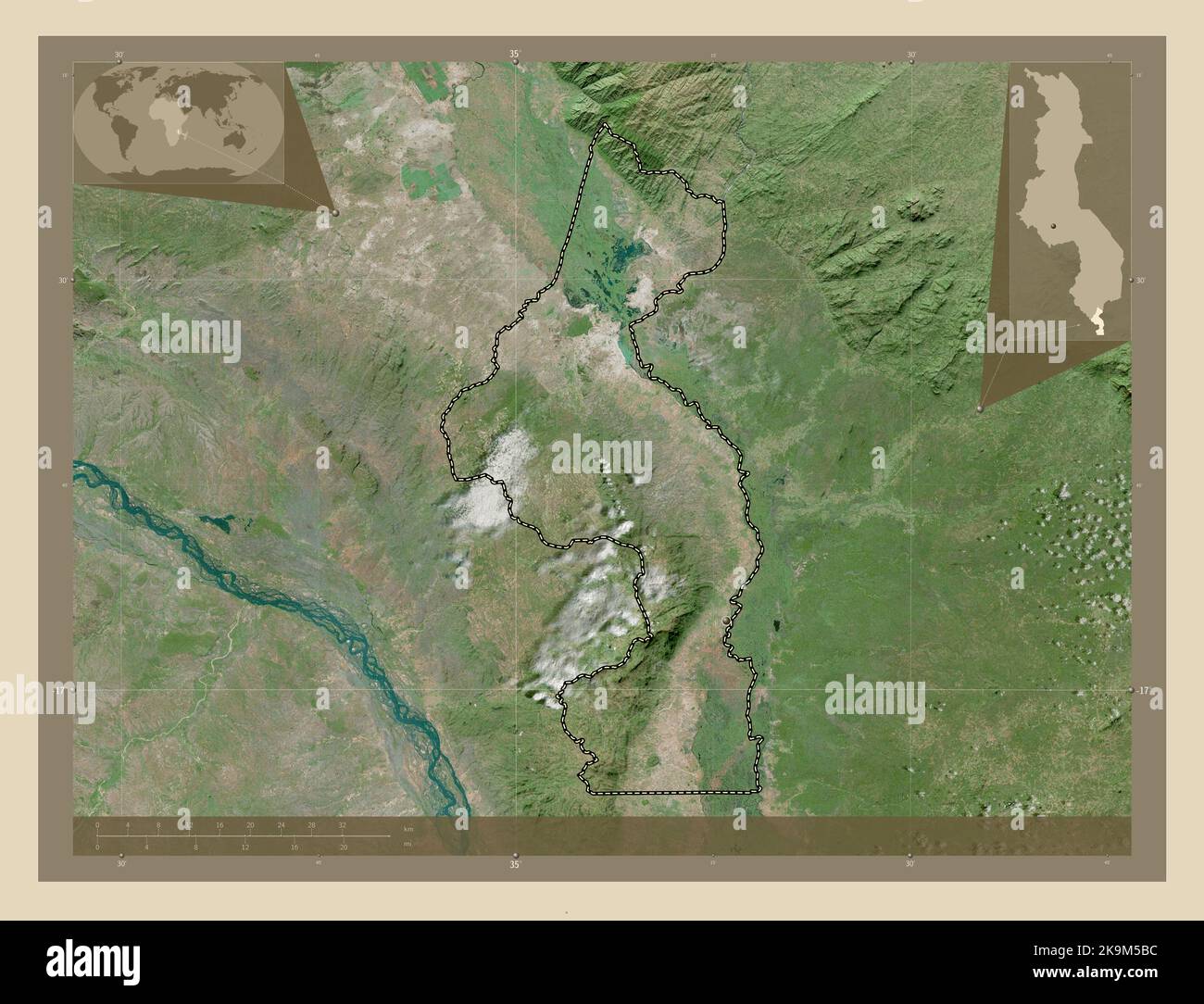 Nsanje, district of Malawi. High resolution satellite map. Corner ...