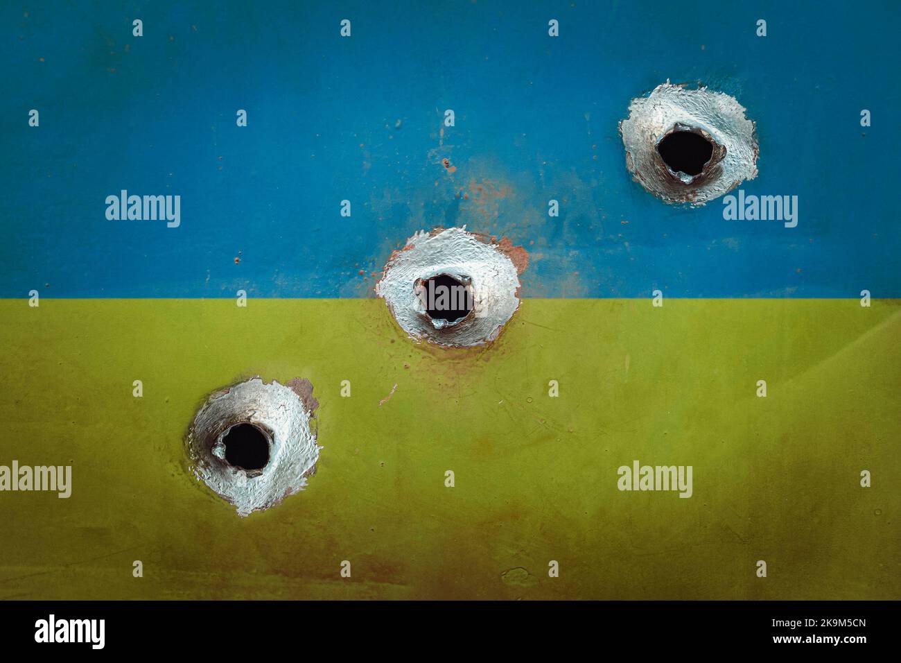 Military conflict in Ukraine background. Flag with bullet holes and ...