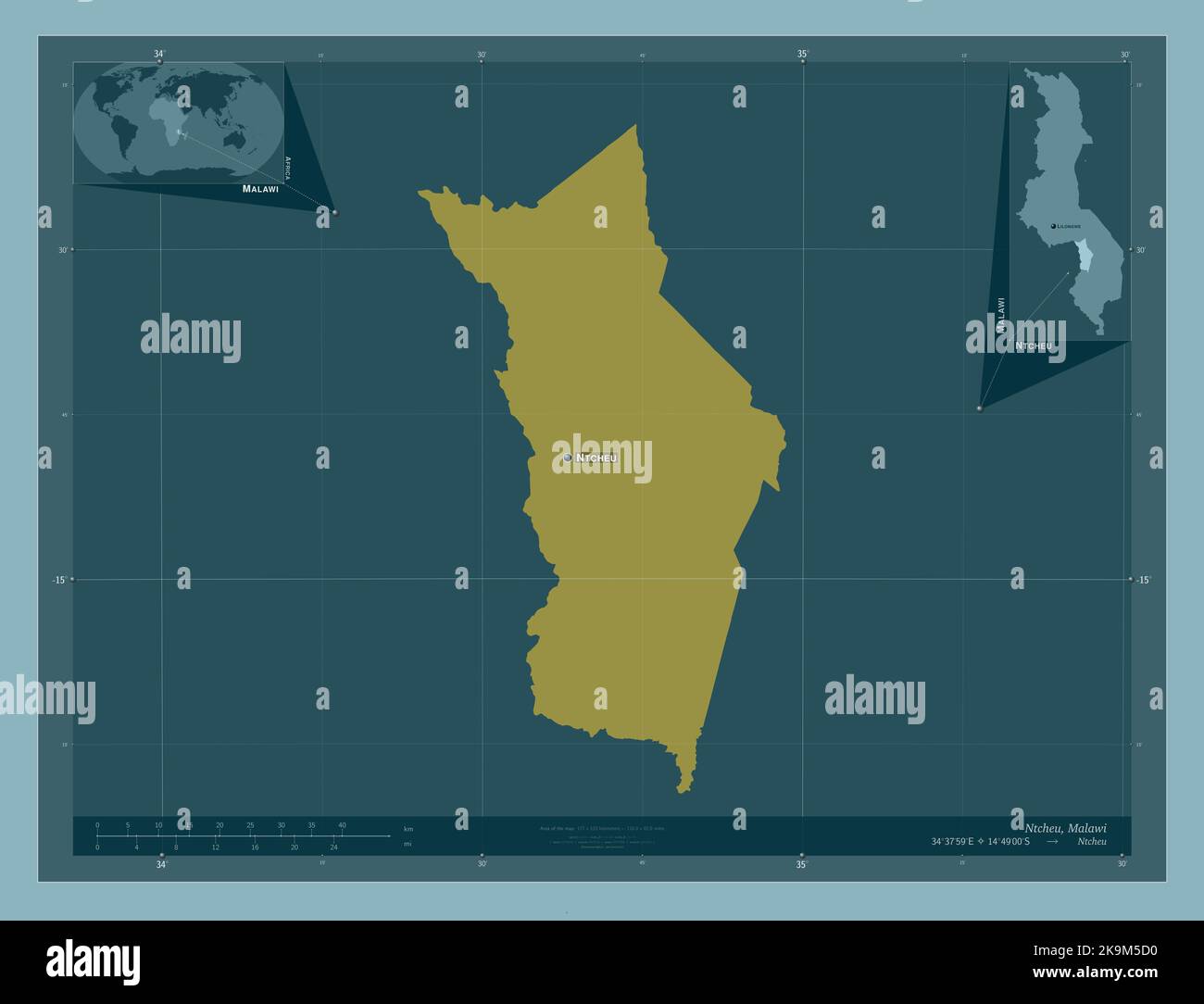 Ntcheu, district of Malawi. Solid color shape. Locations and names of ...