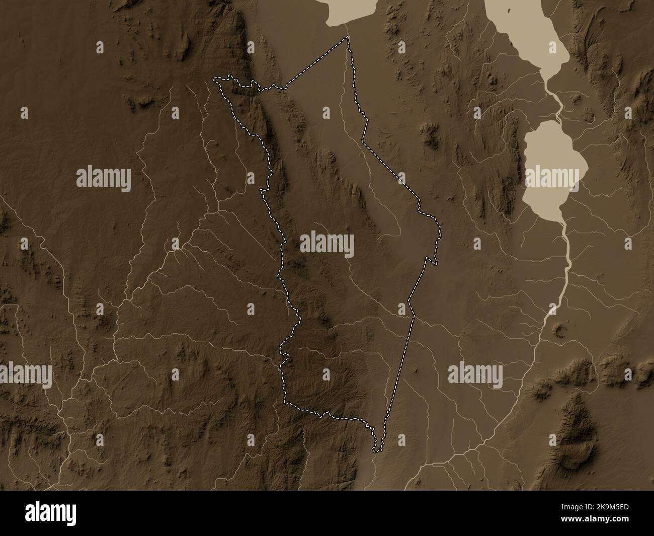 Ntcheu, district of Malawi. Elevation map colored in sepia tones with lakes and rivers Stock ...