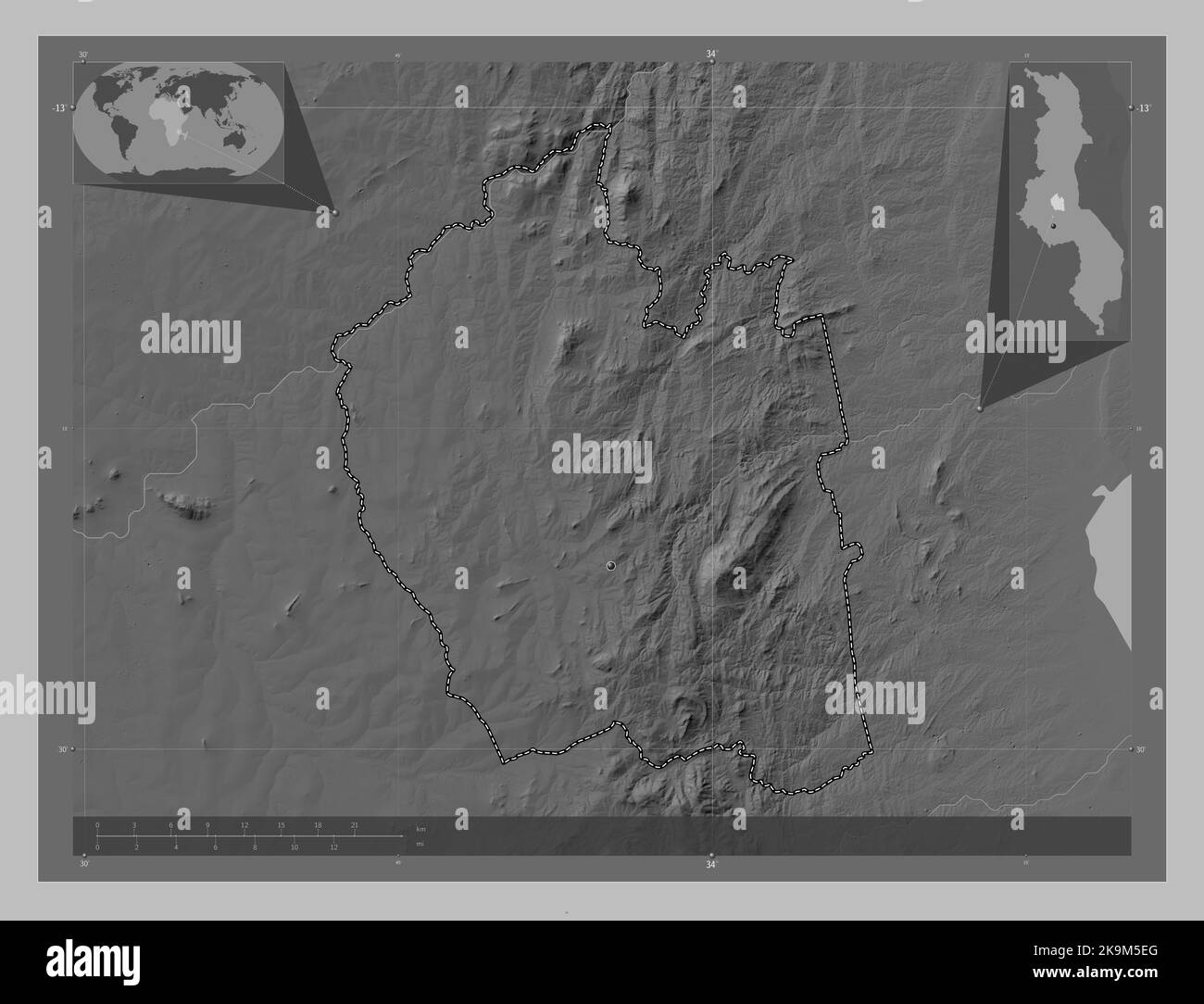 Ntchisi, district of Malawi. Grayscale elevation map with lakes and ...