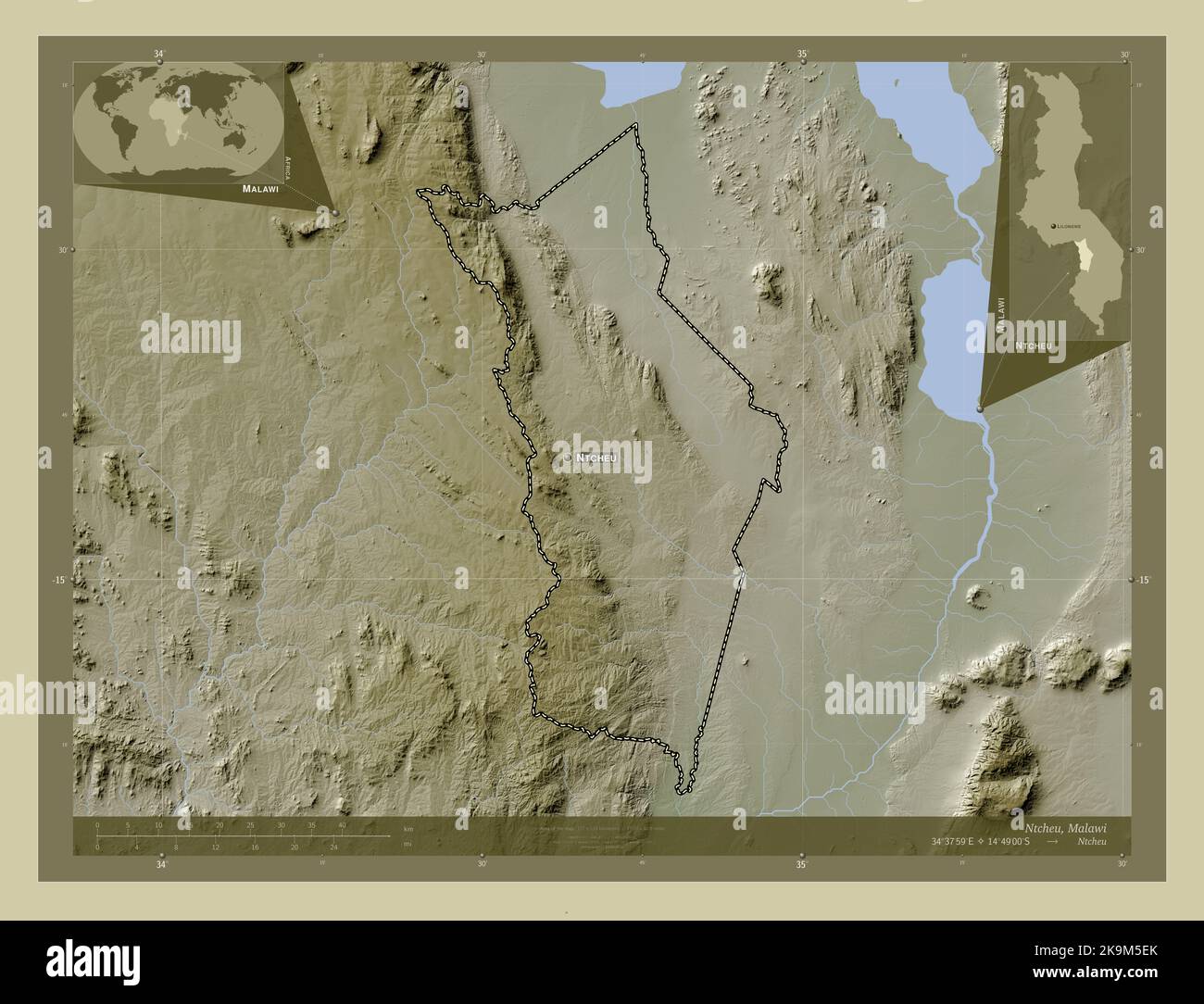 Ntcheu, district of Malawi. Elevation map colored in wiki style with ...