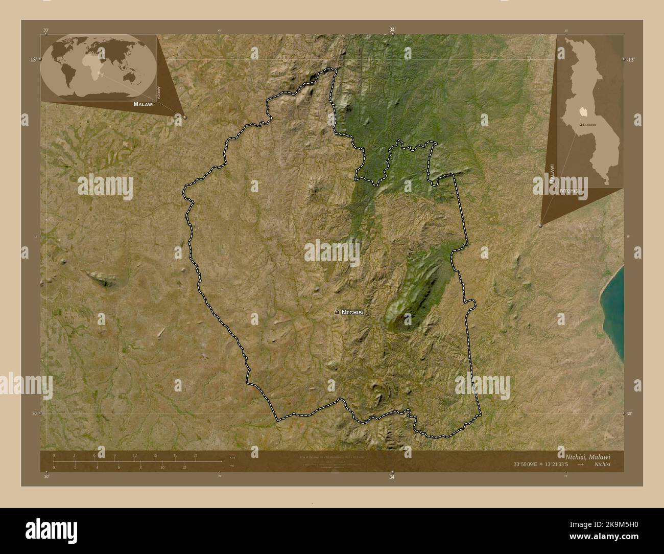 Ntchisi, district of Malawi. Low resolution satellite map. Locations ...